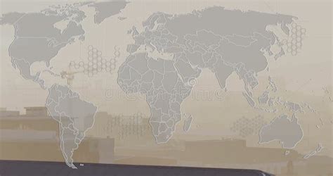 Overlaying Hexagonal Patterns On Urban Landscape Animation Of World Map Displayed Stock Video