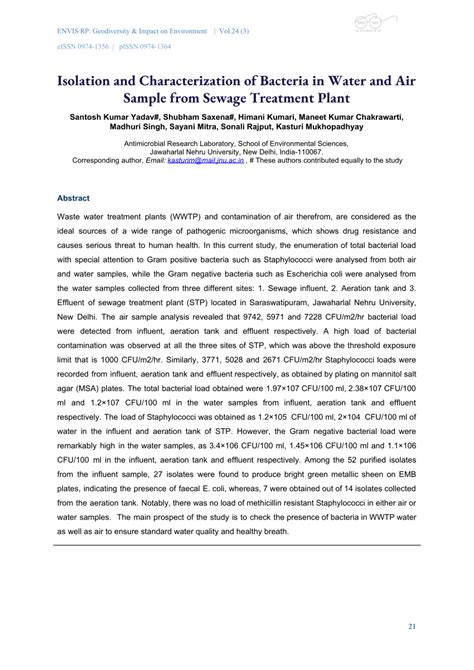 Pdf Isolation And Characterization Of Bacteria In Water And Air Sample From Sewage Treatment Plant