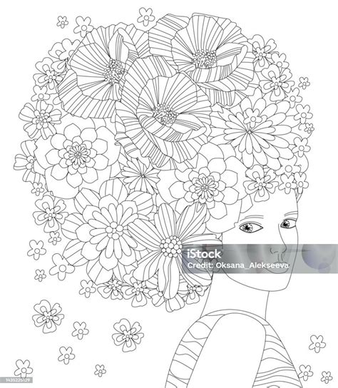꽃 헤어 스타일 둥근 모양을 가진 아름다운 젊은 여성 여름 꽃이 당신의 색칠 공부 페이지를 위해 어깨 너머를 바라 봅니다 컬러링 북 페이지 일러스트레이션 기법에 대한 스톡