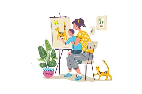 Mutter Hilft Ihrem Sohn Beim Malen Premium Vektor