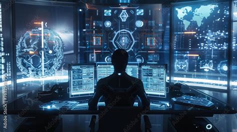 Man Working As A Developer Surrounded By Big Screens Displaying Lines Of Code In A Dark