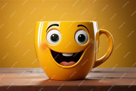 Premium Ai Image Smiling Java Cup Character Shines On Yellow A Cute Face With Copy Space