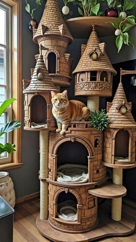 A Cat Sitting On Top Of A Cat Tree In A Room Stock Image Image Of Multilevel Enrichment