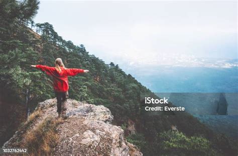 여행자 손 산에 올려진된 서 있는 절벽 혼자 공중 보기 숲 배경 여행 라이프 스타일 모험 휴가 개념에 감정에 대한 스톡 사진 및 기타 이미지 Istock