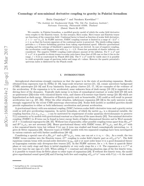 Pdf Cosmology Of Non Minimal Derivative Coupling To Gravity In Palatini Formalism