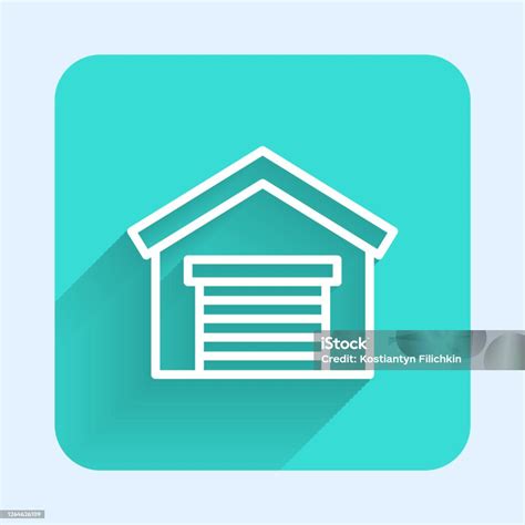 긴 그림자로 격리 된 흰색 라인 차고 아이콘 녹색 정사각형 버튼입니다 벡터 일러스트레이션 가정의 방에 대한 스톡 벡터 아트 및