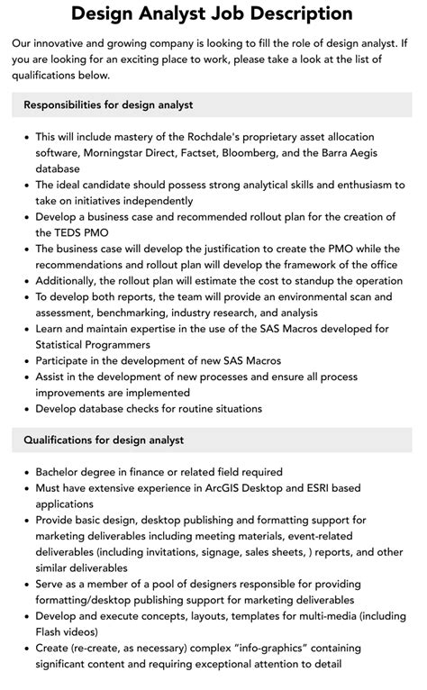Design Analyst Job Description Velvet Jobs
