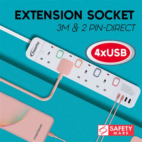 Power Extension Socket Extension Cord 4way 3 Meter With 4x Usb Charger Powerpacsg