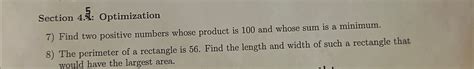 Solved Section 4 5 Optimizationfind Two Positive Numbers