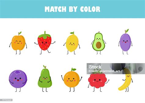컬러 일치 워크 시트 유치원 교육 벡터 일러스트 레이 션 과일의 색을 맞춥니다 어린 시절에 대한 스톡 벡터 아트 및 기타 이미지 어린 시절 교육 드로잉 Istock
