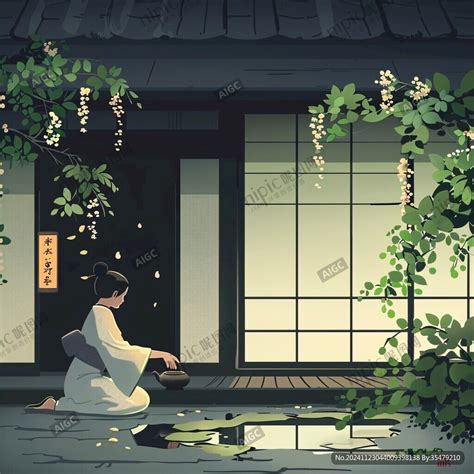 Ai创作图静思园插画 禅意园林插画 日式插画 佛系插画 禅房花木深 静心品禅插画 佛家插画 禅意节气插画 静坐画面 庭院插画 日本插画 恬静插画 打坐参禅背景 清闲插画 枯山水动漫nipic