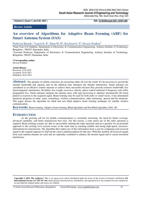 Pdf An Overview Of Algorithms For Adaptive Beam Forming Abf For Smart Antenna System Sas
