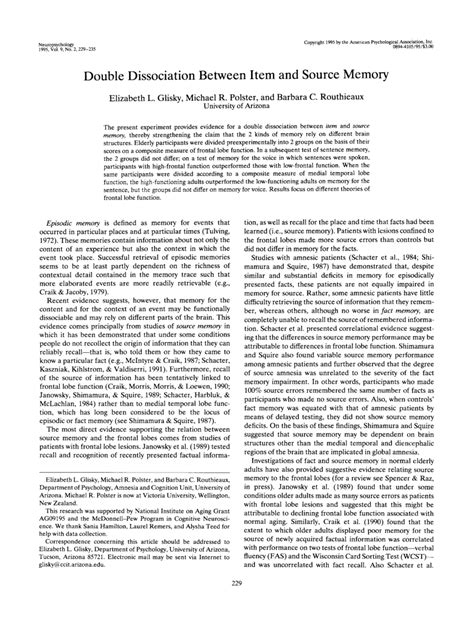 Pdf Double Dissociation Between Item And Source Memory