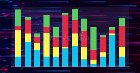 Colorful Bar Graph Image Over Fast Moving Digital Data Lines In Blue And Red Stock Illustration