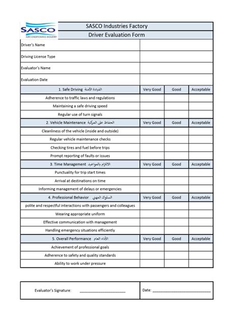 Driver Evaluation Form Pdf