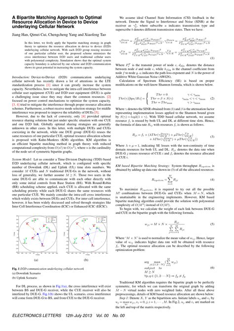 Pdf Bipartite Matching Approach To Optimal Resource Allocation In Device To Device Underlaying
