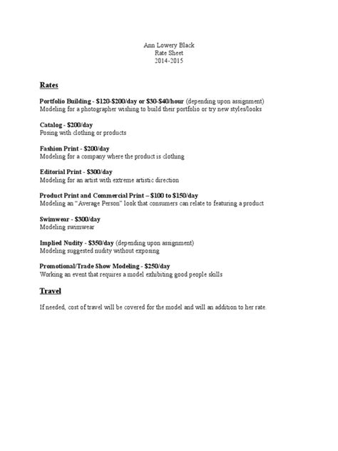 Modeling Rate Sheet Pdf