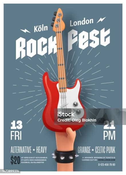 록 페스티벌 초대장 인쇄 전단지 템플릿입니다 3d 록 스타는 빨간 일렉트릭 기타를 들고 있습니다 음악 축제 전단지 벡터 일러스트