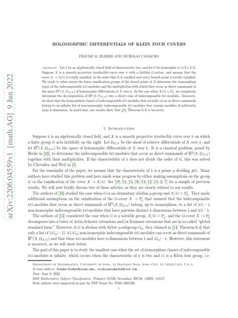 Holomorphic Differentials Of Klein Four Covers Download Free Pdf Field Mathematics Ring Holomorphic Differentials Of Klein Four Covers Download Free Pdf Field Mathematics Ring