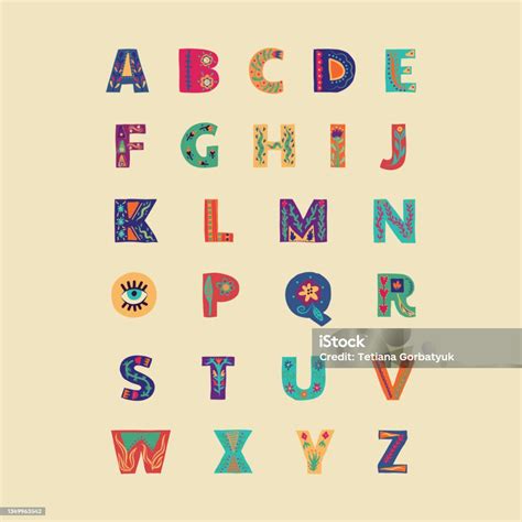 알파벳 손 민속 스타일에 문자를 그린 꽃 장식과 Abc 색상 글꼴 타이포그래피 세트 민족 장식 잎 꽃과 대담한 유형 대문자 격리된 기호 컴퓨터 글자에 대한 스톡 벡터 아트