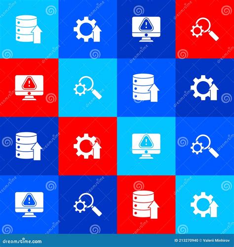 Set Server Data Web Hosting Arrow Growth Gear Monitor With Exclamation Mark And Magnifying