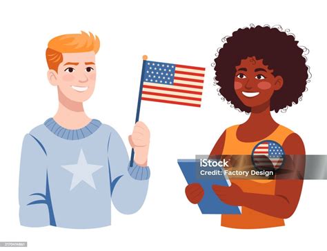 미국 남성과 여성 선거 유권자 여러분 2024년 투표하세요 한 쌍의 미국 시민 정치 캠페인 만화 캐릭터 다문화 투표 참여