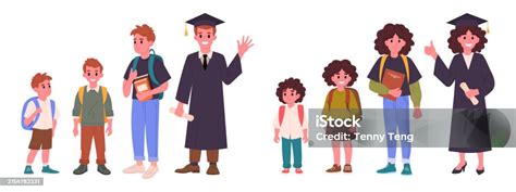 성장하는 학생들 남녀 학생 교육 단계 초등학교 고등학교 및 학교 졸업 평면 벡터 일러스트 레이 션 세트 다른 학년의 소년과 소녀 남자에 대한 스톡 벡터 아트 및 기타 이미지