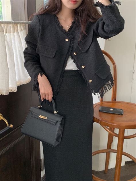 블랙l당일발송 20대 30대 결혼식하객룩 노카라 테슬 트위드자켓 롱스커트 투피스세트 하프코트 트위드치마 겨울자켓 여성스러운 돌잔치 상견례룩 연말 데이트룩