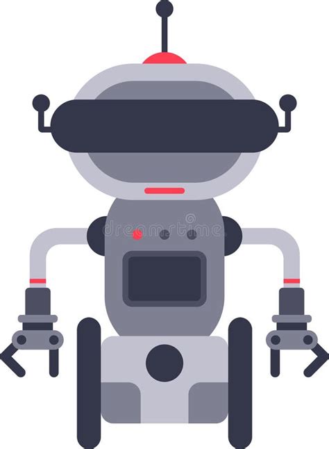 Modern Gray Robot With Wheels Grippers And A Screen On Its Chest Is Standing Still And Ready To