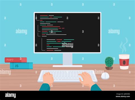Coding And Programming Compute Pc Desktop Head Monitor View Man Programmer Hands Working On His