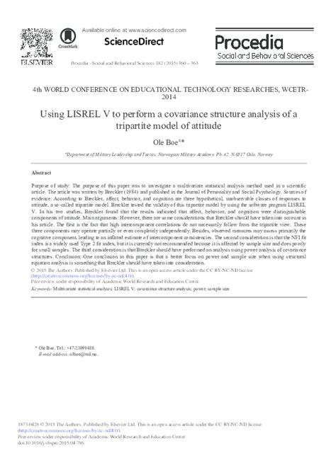 Pdf Using Lisrel V To Perform A Covariance Structure Analysis Of A Tripartite Model Of Attitude