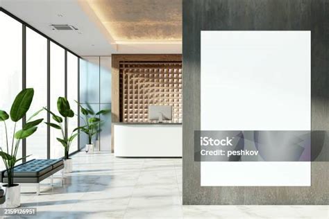어두운 벽 대리석 바닥 큰 창문에 수직 빈 포스터가 있는 현대적인 호텔 로비 인테리어 광고 공간 개념 3d 렌더링 0명에 대한 스톡 사진 및 기타 이미지 Istock