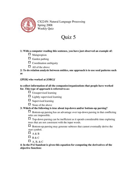 Exam Weekly Quiz 5 Natural Language Processing Exercises Natural Language Processing Nlp