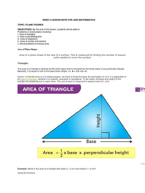 1705 Week 5 Lesson Note For Jss3 Mathematics Xx Pdf Area Triangle
