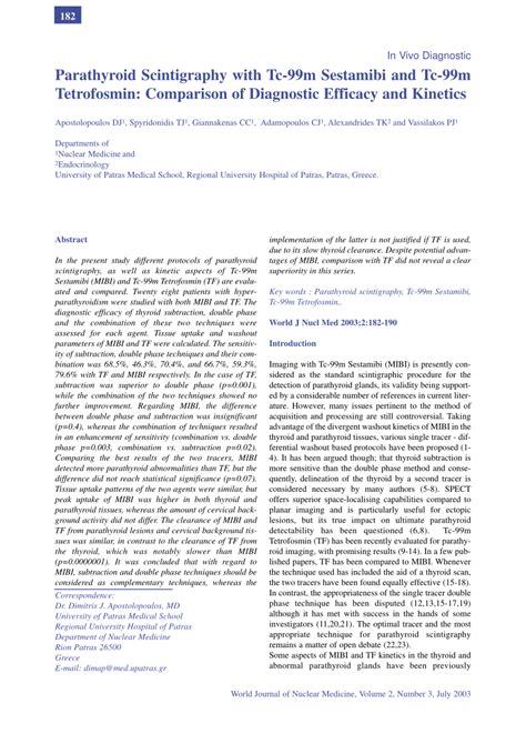 Pdf Parathyroid Scintigraphy With Tc 99m Sestamibi And Tc 99m Tetrofosmin Comparison Of