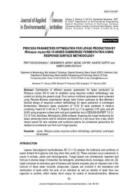 pdf process parameters optimization for lipase production by rhizopus oryzae kg 10 under