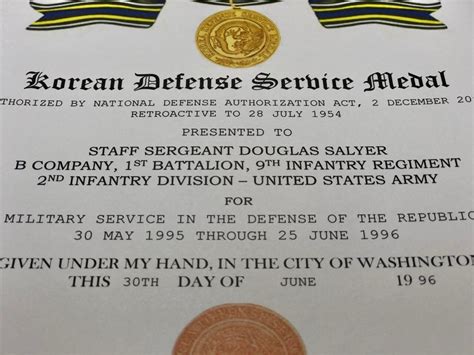 Korean Defense Service Medal Certificate ~ With Free Printing Any