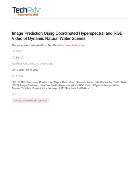 Pdf Image Prediction Using Coordinated Hyperspectral And Rgb Video Of Dynamic Natural Water Scenes