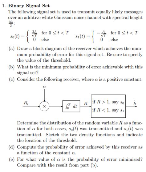 Solved 1 Binary Signal Set The Following Signal Set Is Used Chegg Com