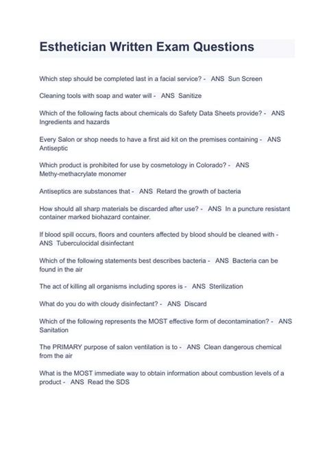 Esthetician Written Exam Questions With Correct Answers Esthetician Stuvia Us