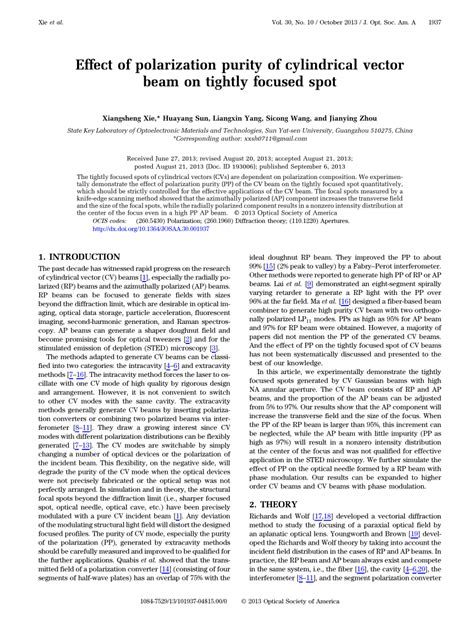 Pdf Effect Of Polarization Purity Of Cylindrical Vector Beam On