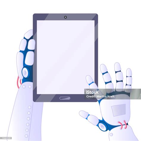 로봇의 손 빈 화면으로 태블릿을 들고입니다 인공 지능 개념입니다 10 벡터 Eps 일러스트 흰색 배경에 고립입니다 로봇 프로세스 자동화에 대한 스톡 벡터 아트 및 기타