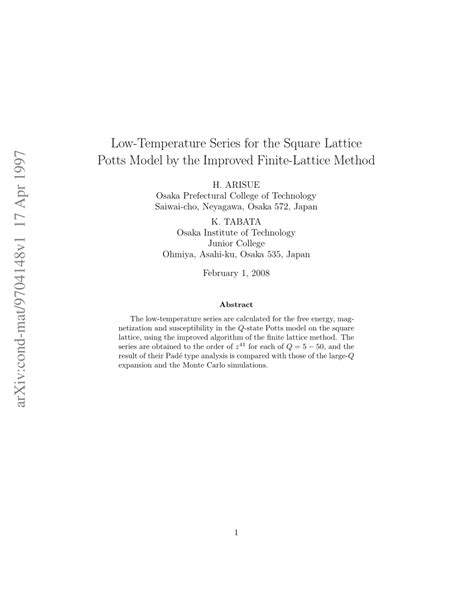 Pdf Low Temperature Series For The Square Lattice Potts Model By The Improved Finite Lattice
