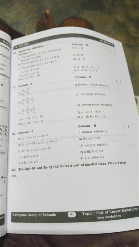 Match The Following 20 Column I A The Equation 2x 3y 0 Passing