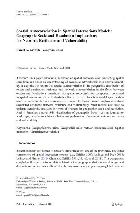 Pdf Spatial Autocorrelation In Spatial Interactions Models Geographic Scale And Resolution