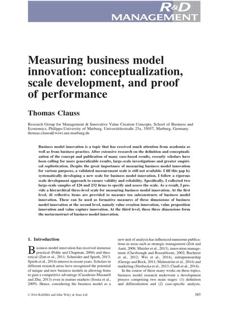 Clauss 2016 Measuring Business Model Innovation Conceptualization