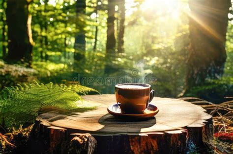 A Cup Of Hot Coffee Drink On The Tree Stump In Summer Forest Stock Photo Image Of Wild
