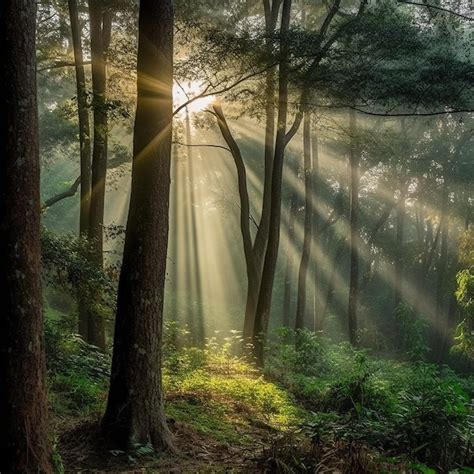 Premium Photo Luminous Sun Rays Falling Through The Green Foliage In