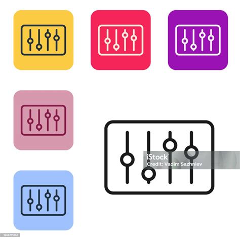 흰색 배경에 격리 된 블랙 라인 사운드 믹서 컨트롤러 아이콘 Dj 장비 슬라이더 버튼 믹싱 콘솔 색상 정사각형 단추로 아이콘을 설정합니다 벡터 녹음 장비에 대한 스톡 벡터