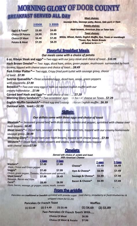 Menu For Morning Glory Restaurant In Sturgeon Bay Wi Sirved
